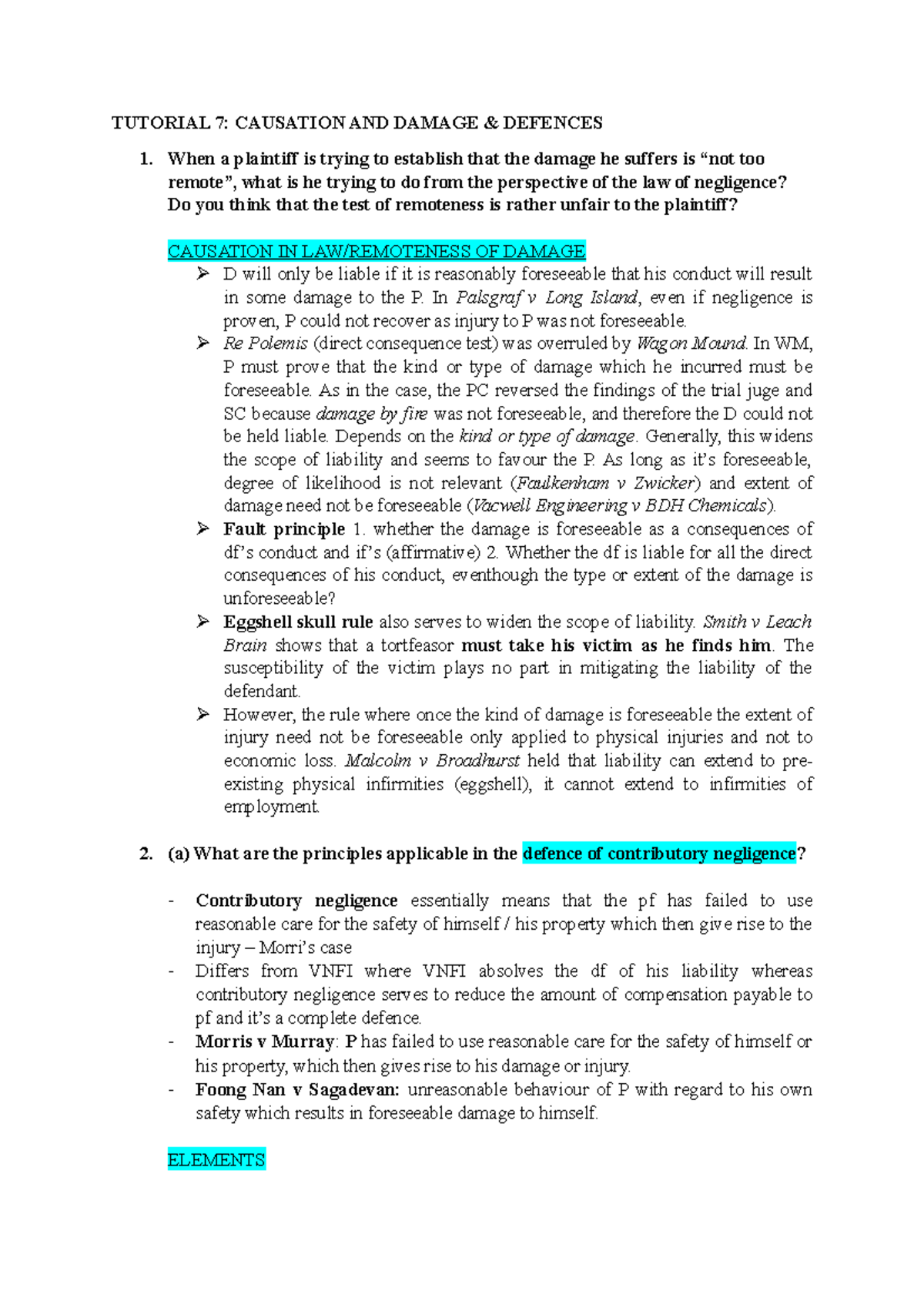 Tutorial 7 Causation AND Damage & Defences - TUTORIAL 7: CAUSATION AND ...