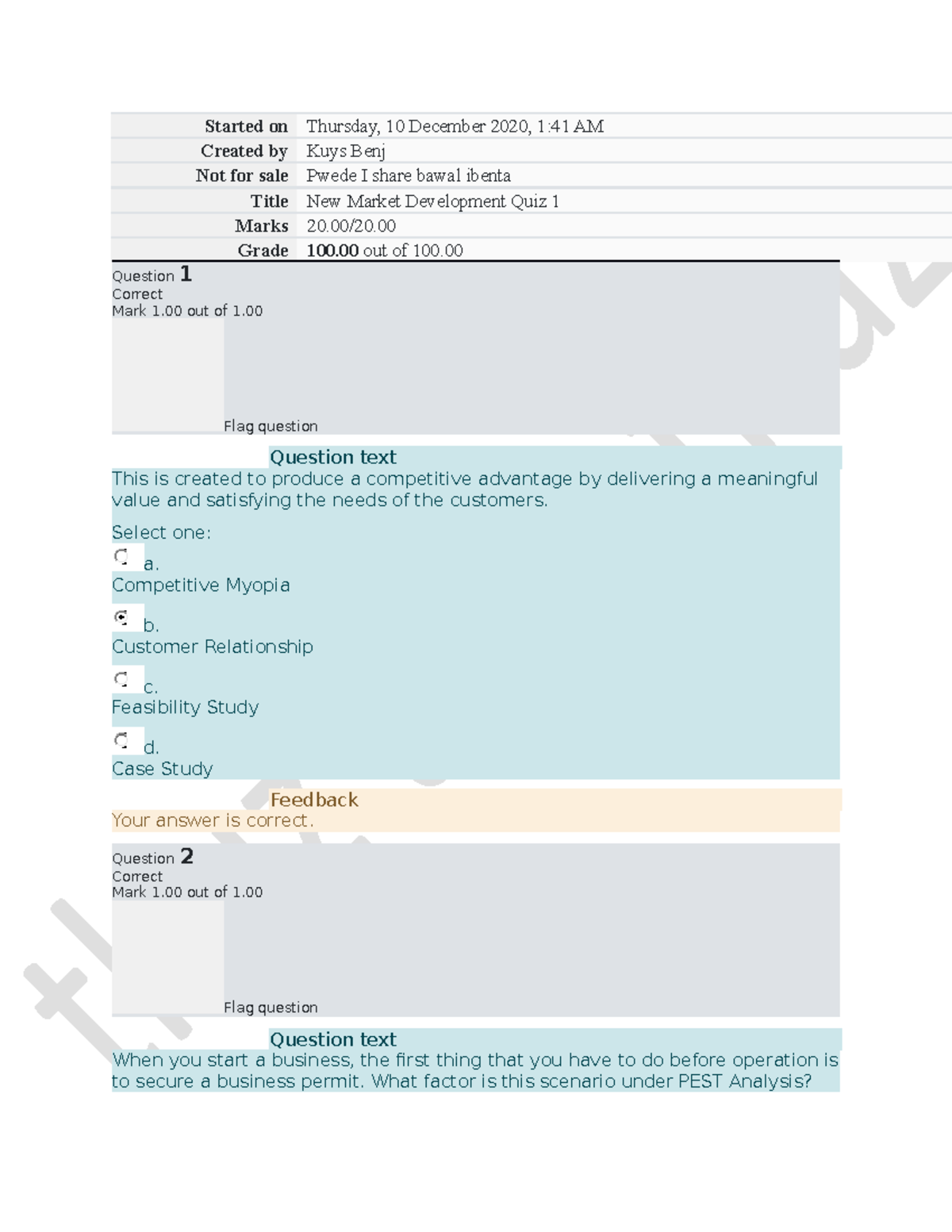 BAMM6303 NEW MARKET DEVELOPMENT QUIZ 1 - Started on Created Not for ...