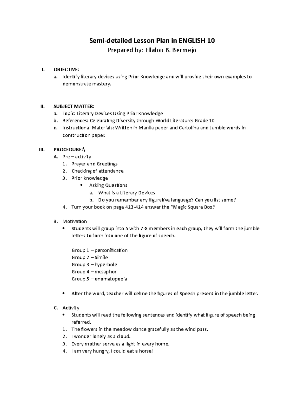 Semi detailed Lesson Plan in English 10 - Semi-detailed Lesson Plan in ...