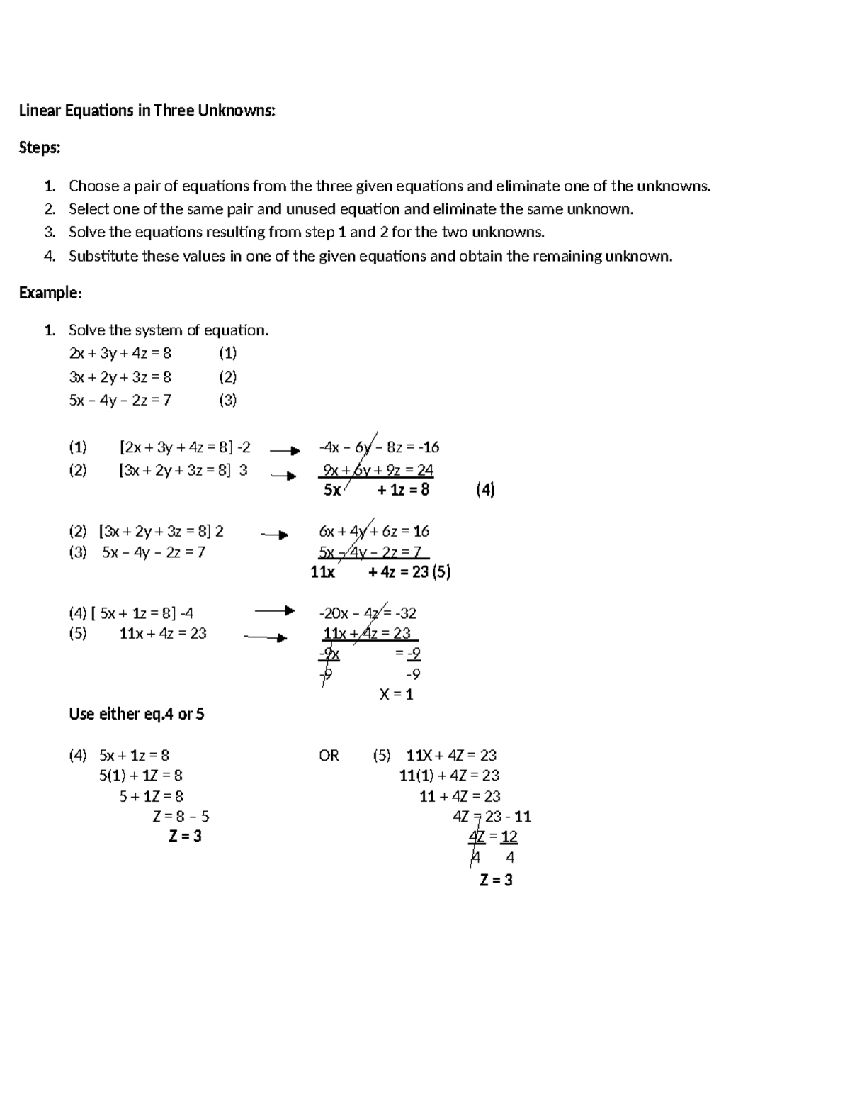 Linear Equations In Three Unknowns Linear Equations In Three Unknowns Steps 1 Choose A Pair