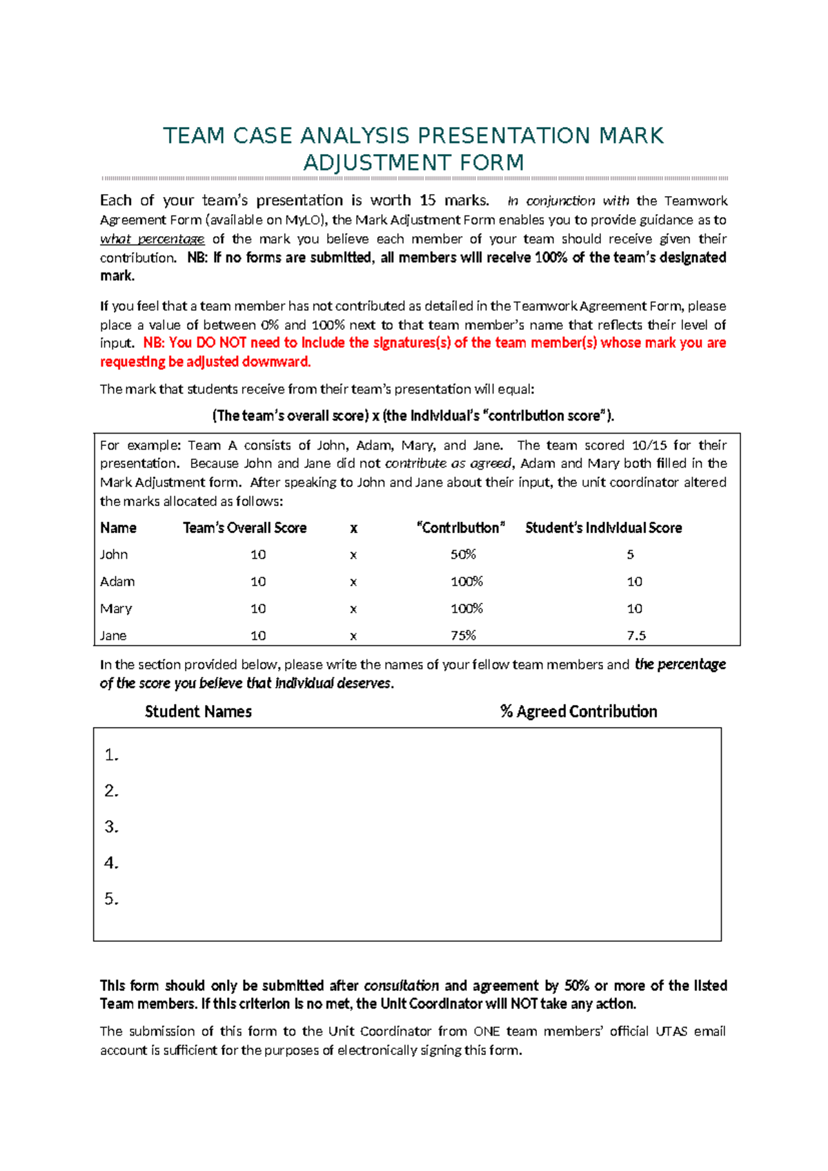 Team Case Analysis Presentation Mark Adjustment Form - TEAM CASE ...