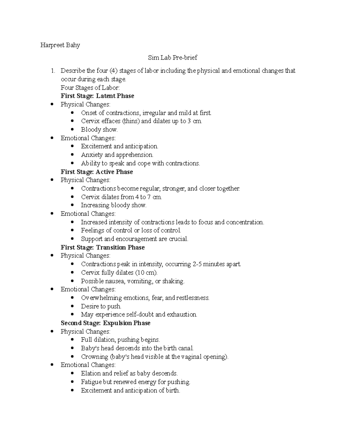 Maternal sim lab 1 - sim lab - Harpreet Bahy Sim Lab Pre-brief Describe ...