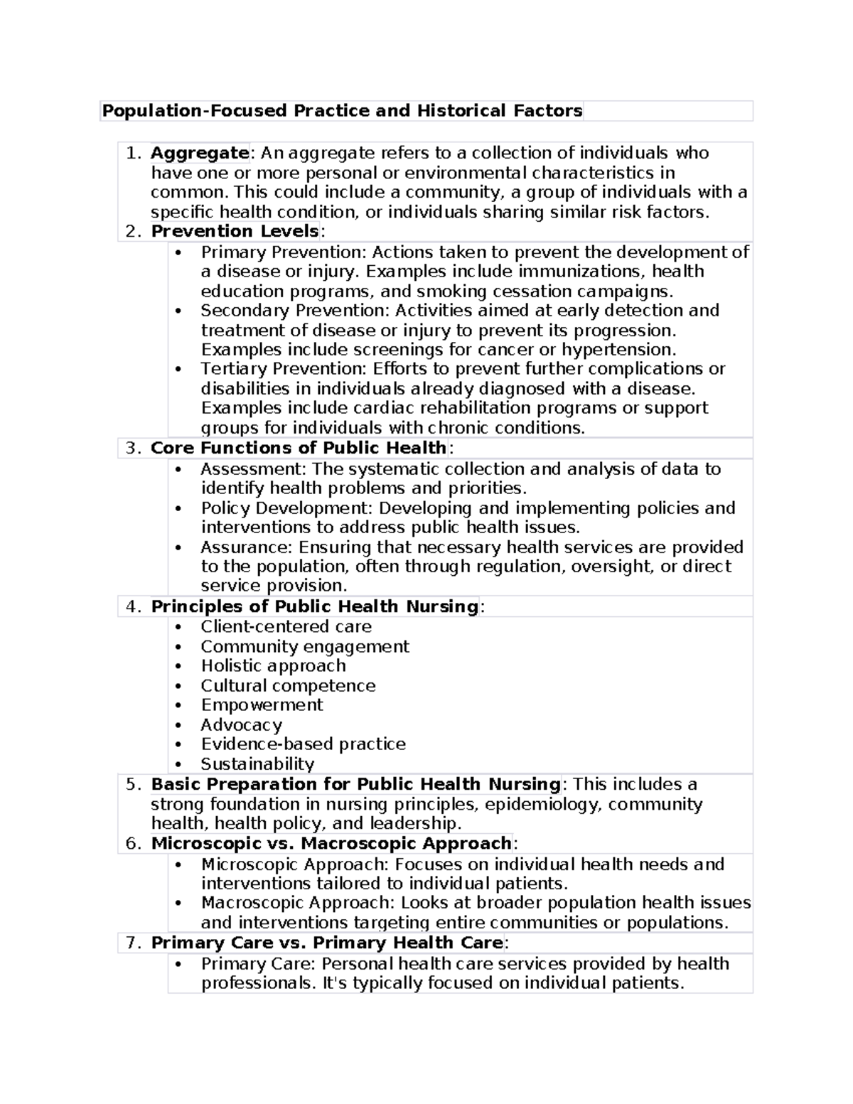 Study giude for community - Population-Focused Practice and Historical ...