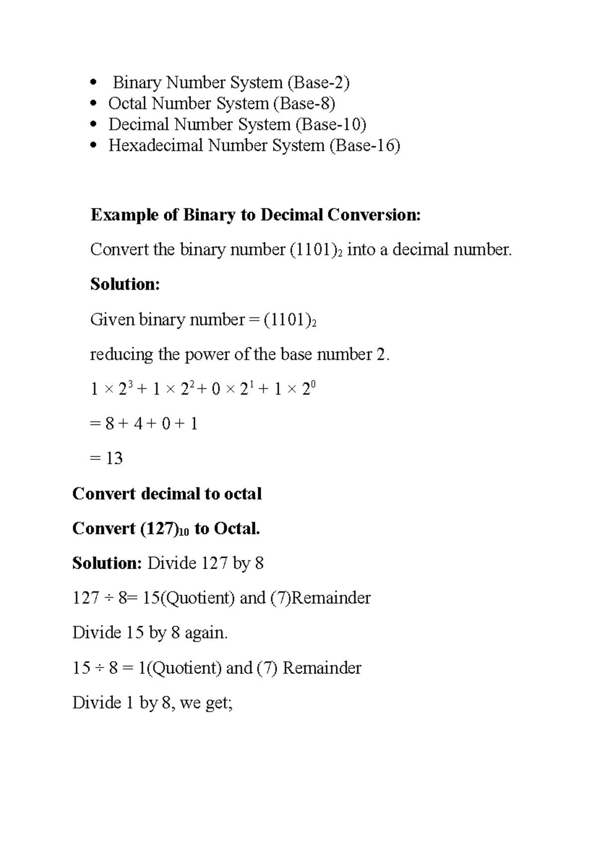 Binary Number System Solution Given Binary Number 1101 2