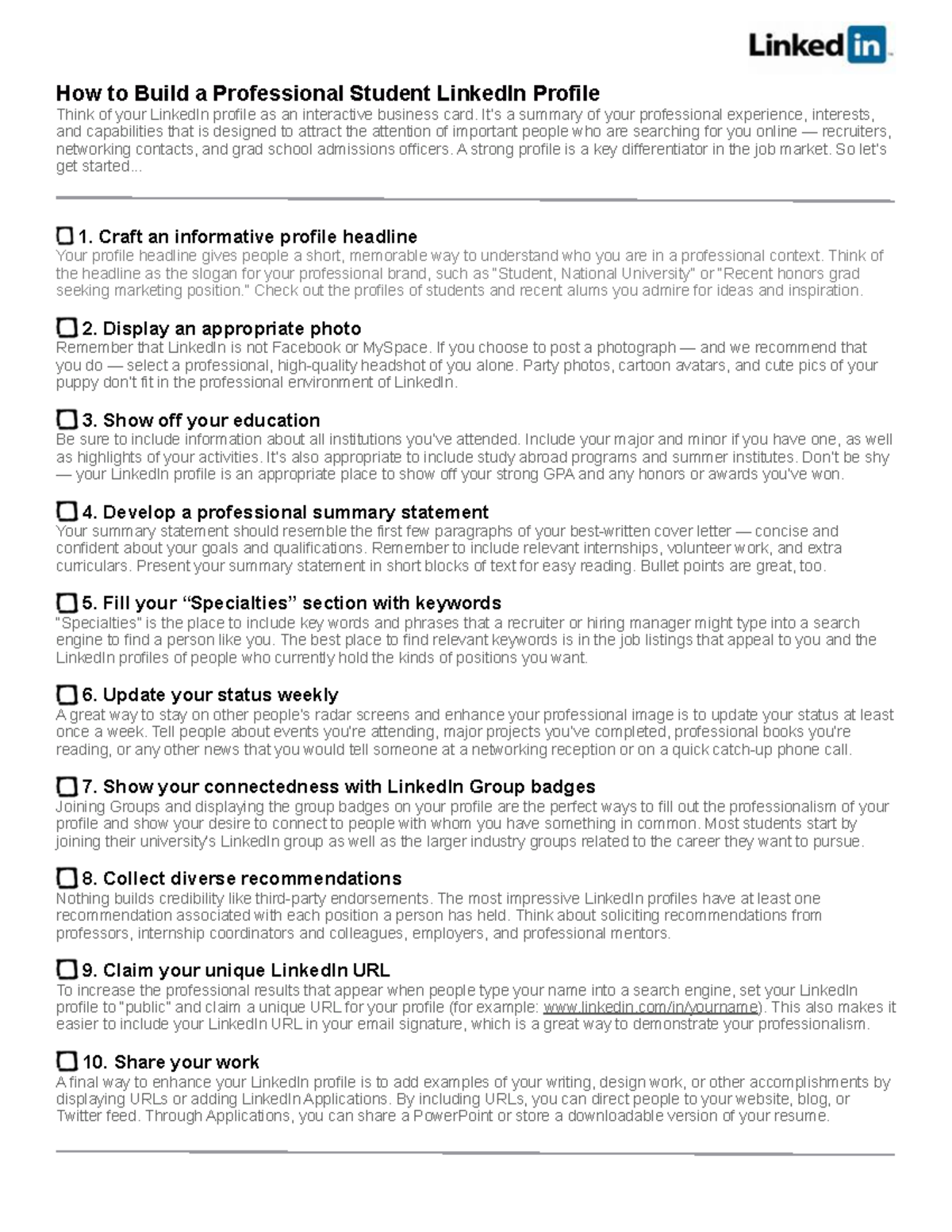 Linked In Profile and Networking Checklist - How to Build a ...