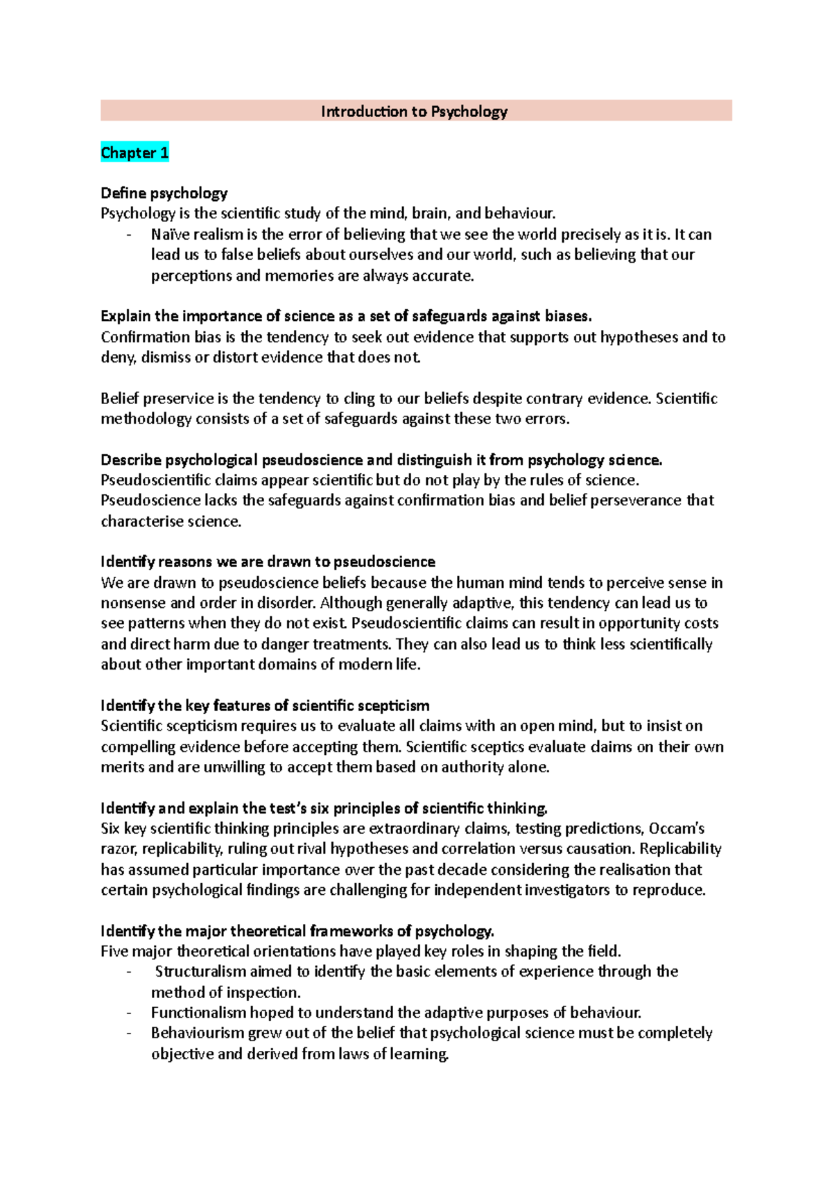 Introduction to Psychology notes - Introduction to Psychology Chapter 1 ...