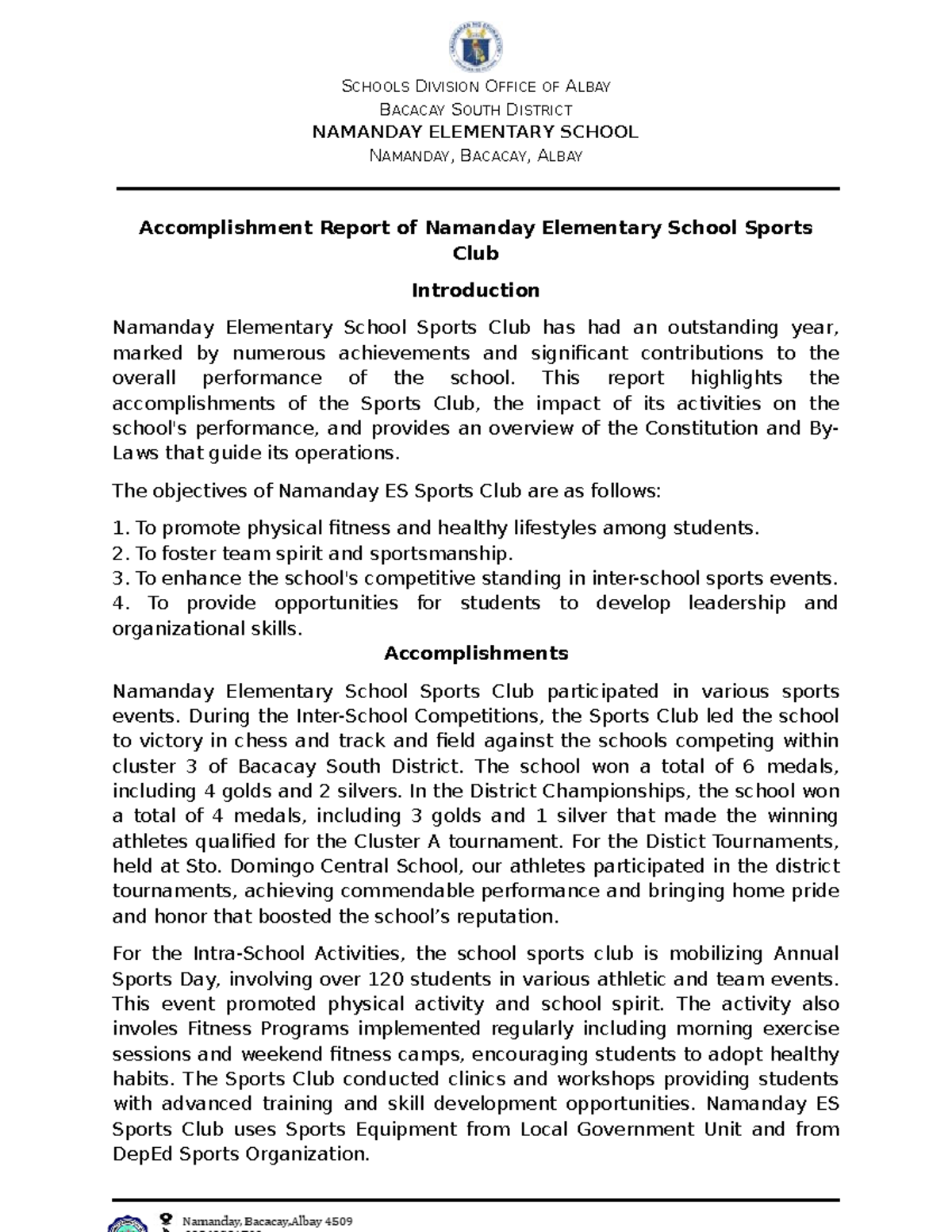 Accomplishment report Sports - SCHOOLS DIVISION OFFICE OF ALBAY BACACAY ...