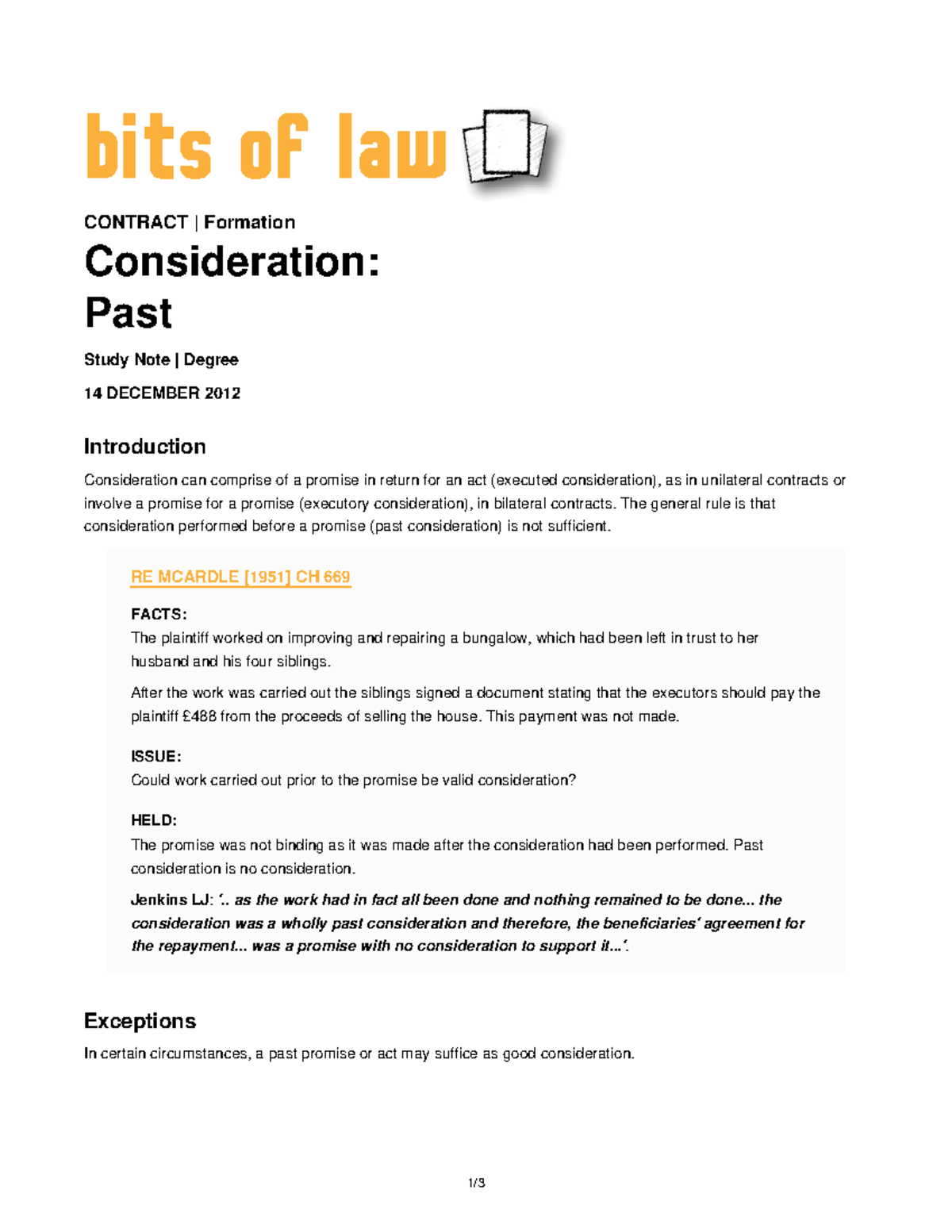 Consideration-past - These are notes and past exams - bits of law ...