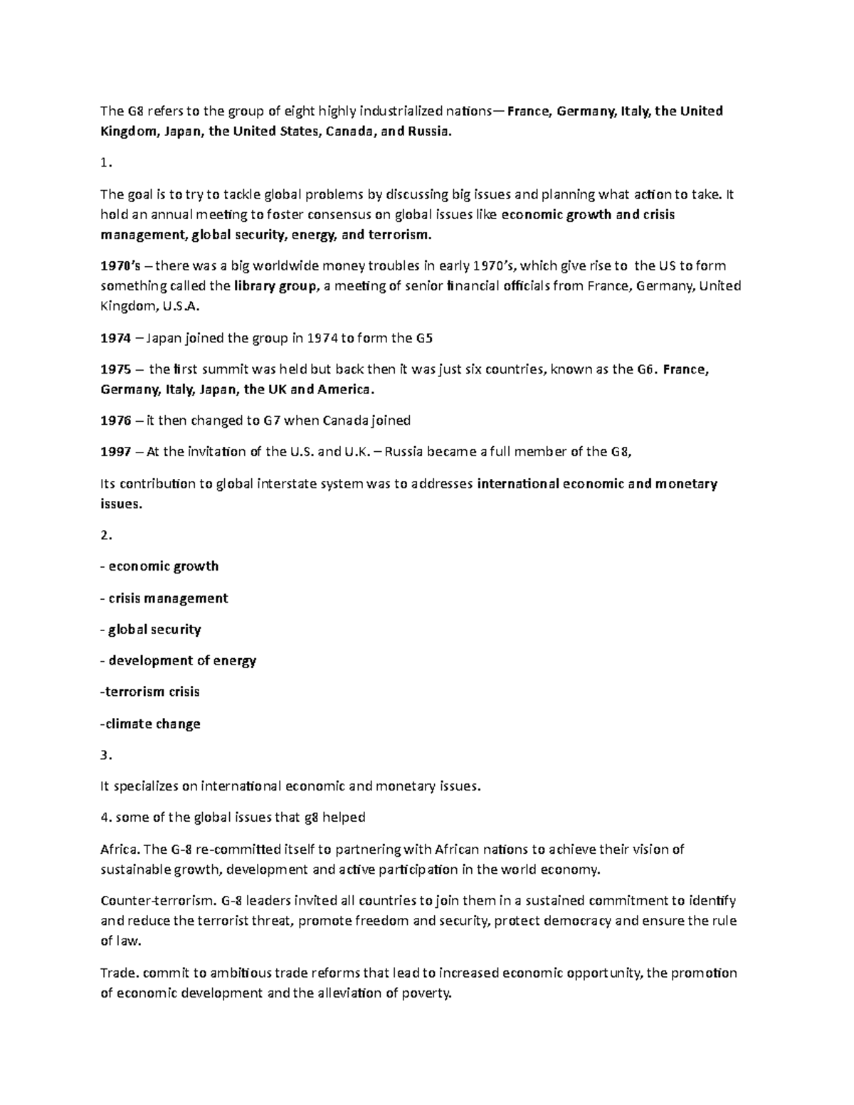 contemporary world - The G8 refers to the group of eight highly ...