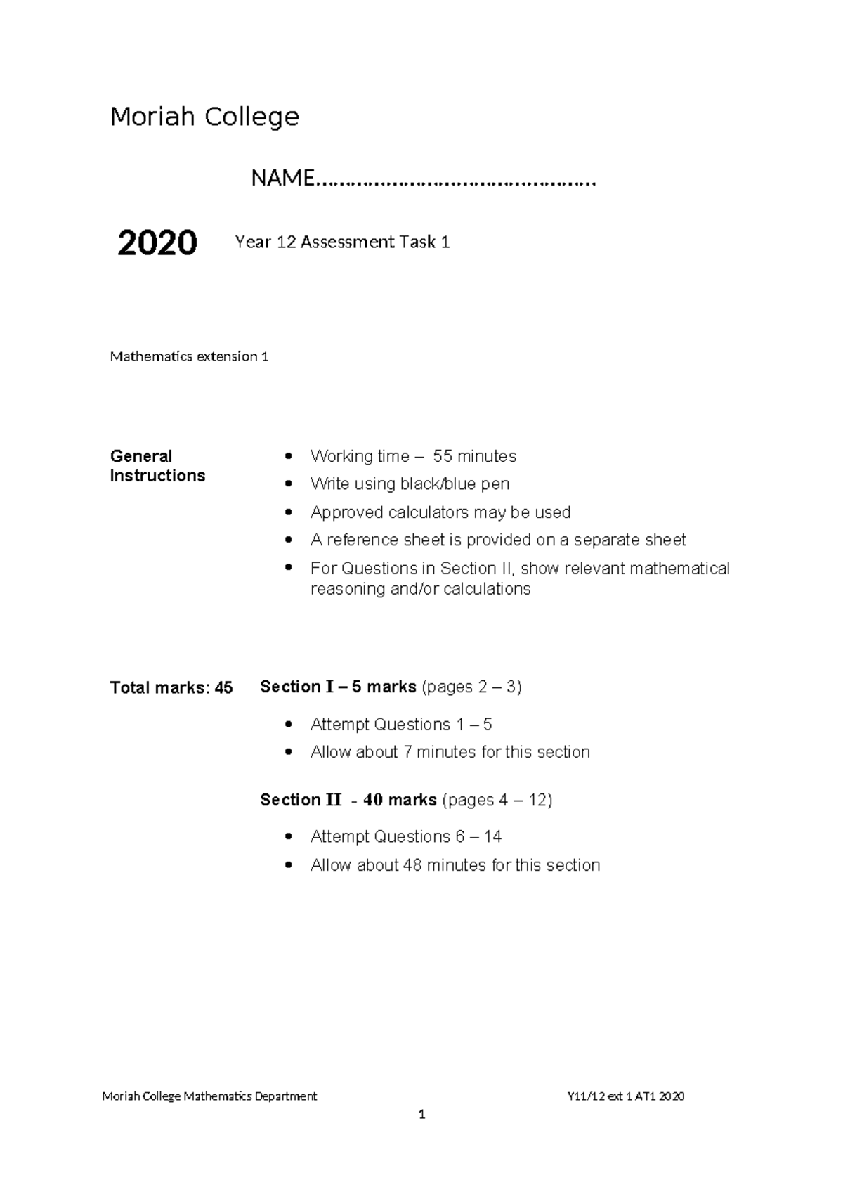 Y11-12 ext 1 AT1 2020 - Practice test - Moriah College - Studocu