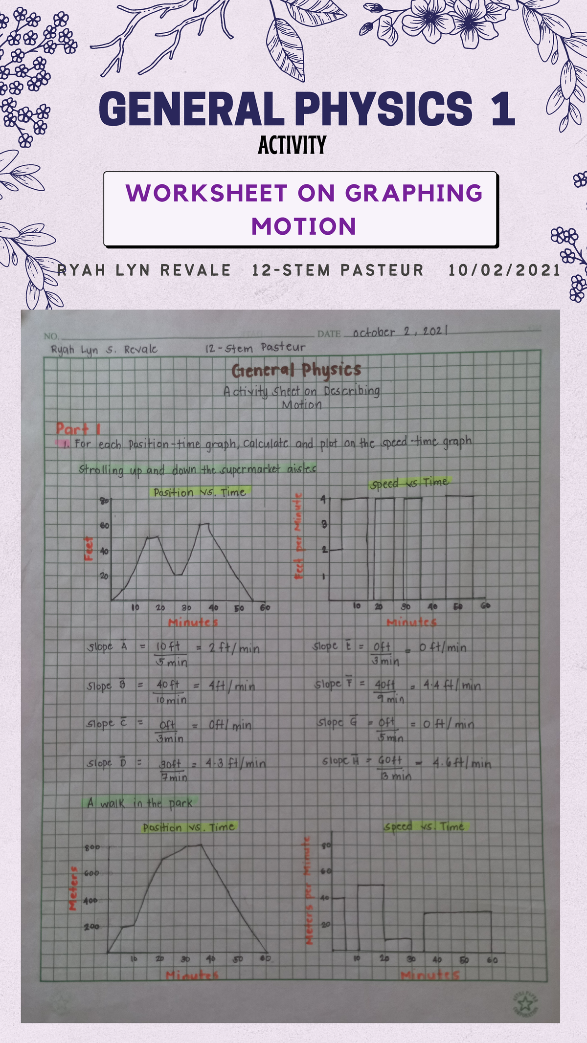 General Physics 1 Worksheet on Graphing Motion Output - R Y A H L Y N R ...