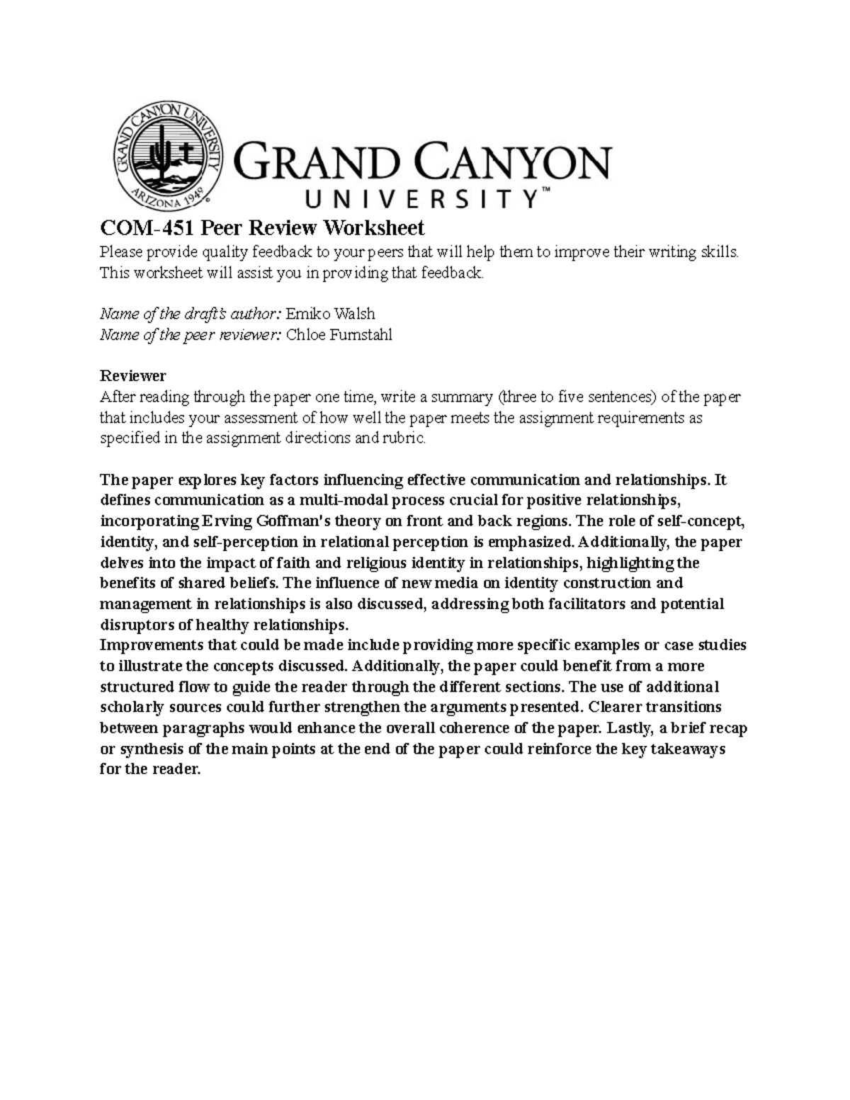 Peer Review Worksheet - COM-451 Peer Review Worksheet Please provide ...