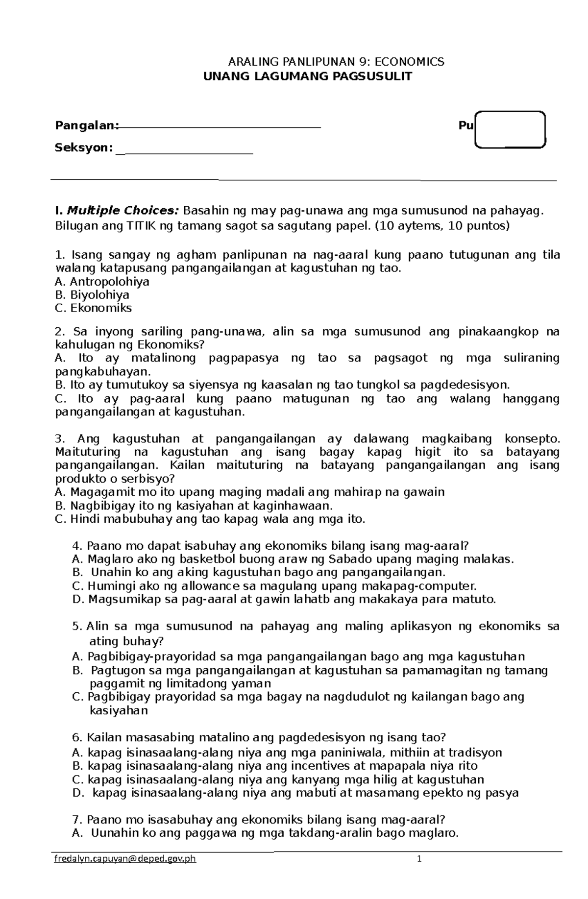 Grade 9 Summative Module 1 - ARALING PANLIPUNAN 9: ECONOMICS UNANG ...