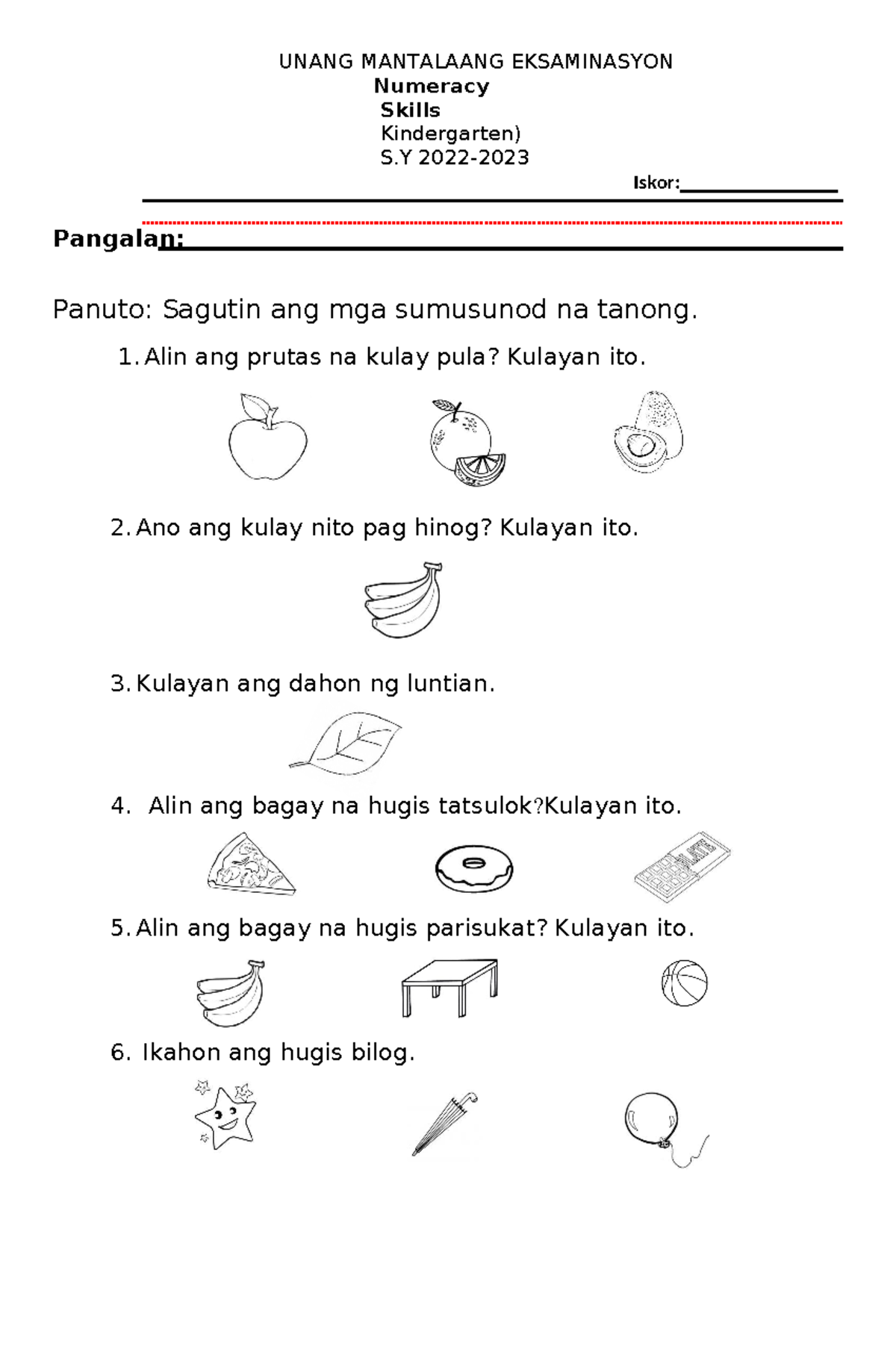 K 1Q N T - eim - UNANG MANTALAANG EKSAMINASYON Numeracy Skills ...