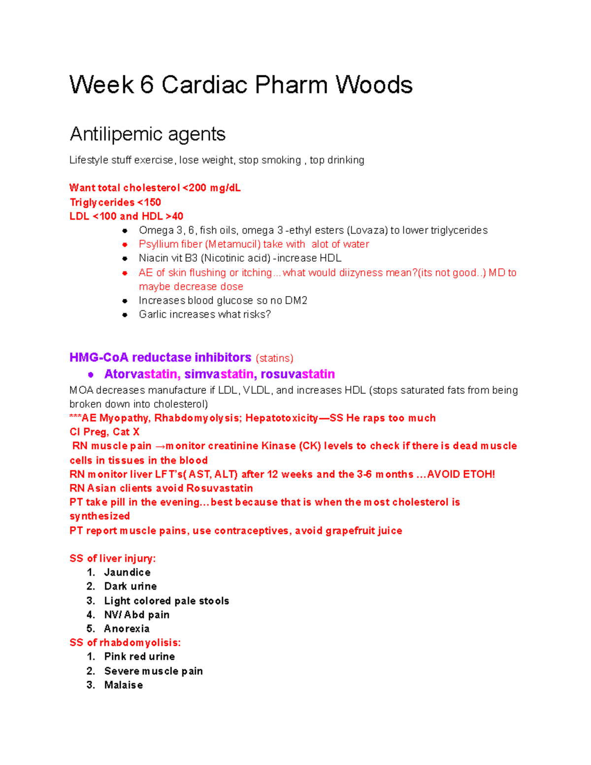 Week 6 Pharm Cardiac - Week 6 Cardiac Pharm Woods Antilipemic agents ...