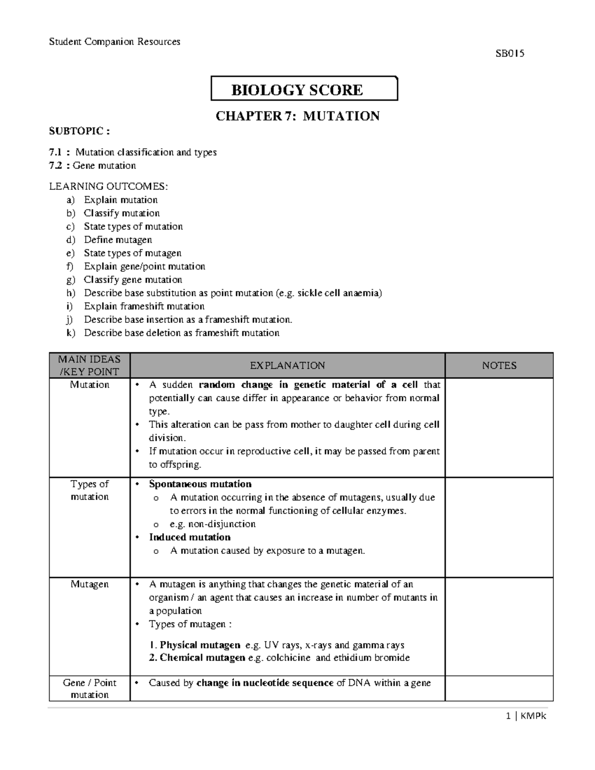 Chapter 7 SB015 - Notes - SB BIOLOGY SCORE CHAPTER 7: MUTATION SUBTOPIC ...