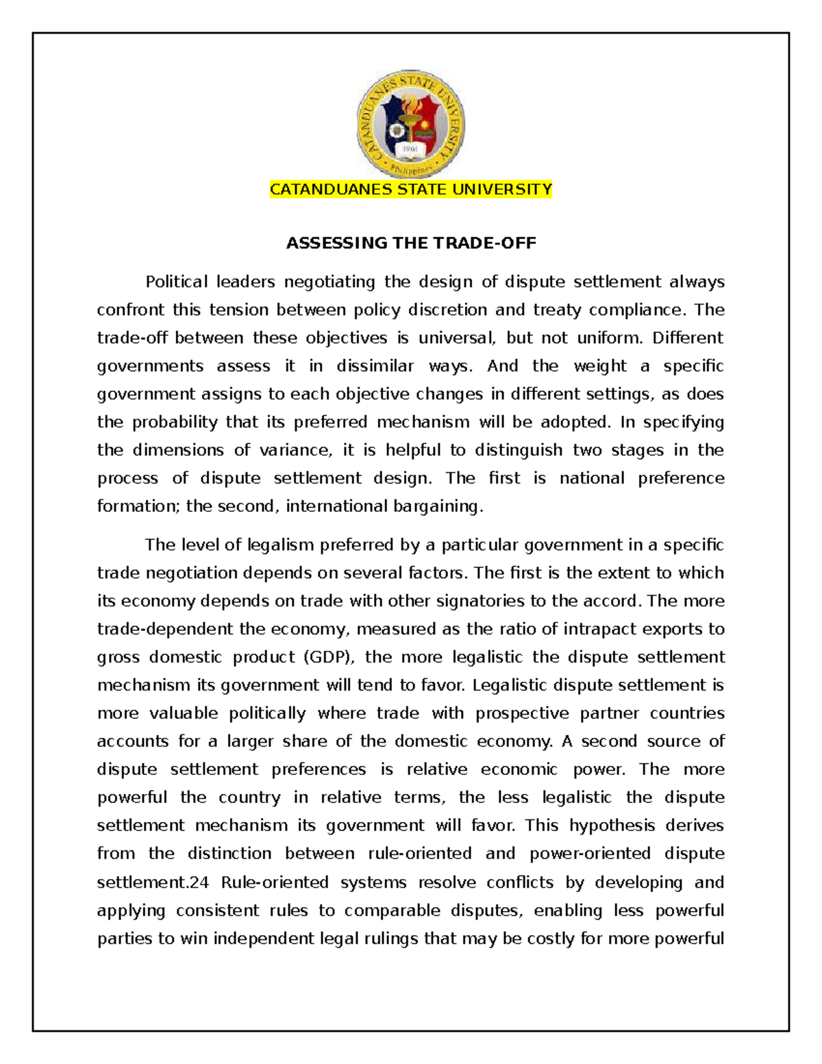 Assessing THE Trade-OFF - ASSESSING THE TRADE-OFF Political leaders ...