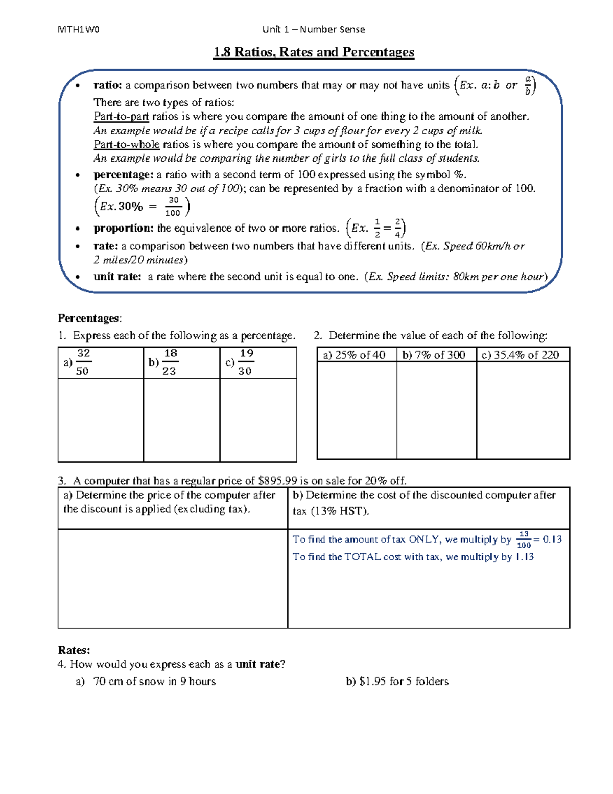 1.8 Rates, Ratios and Proportions - MTH1W0 Unit 1 – Number Sense 1 ...