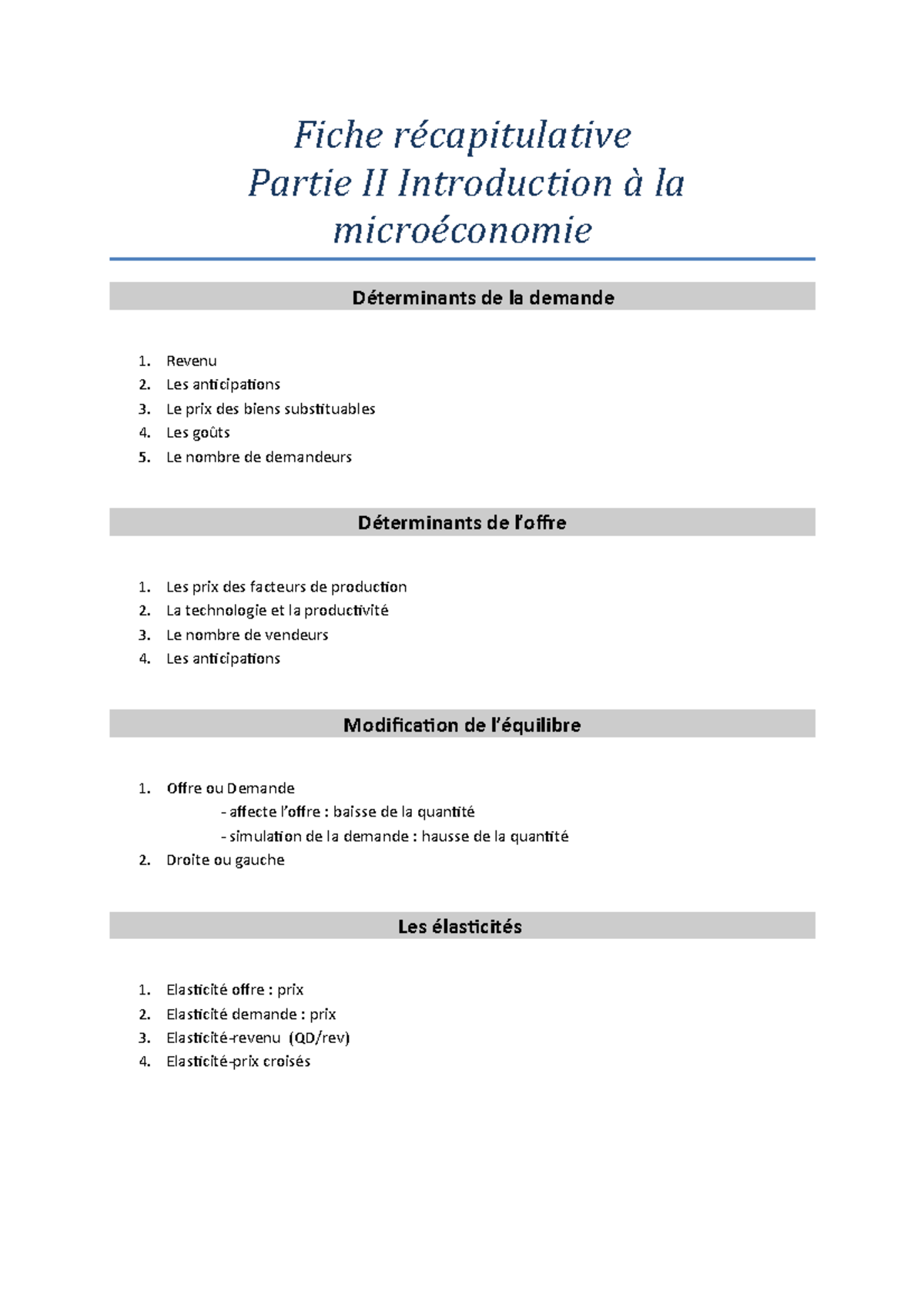 Fiche récapitulative partie II analyse microeconomique - Fiche récapitulative Partie II ...