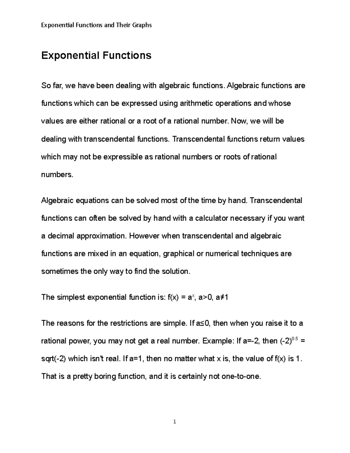2021 Algebra Lecture Notes Exponential Functions And Their Graphs