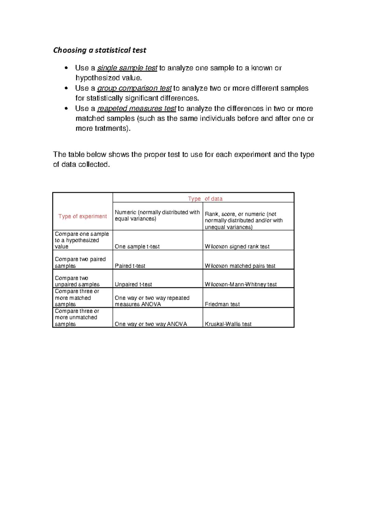Choosing a statistical test - • Use a single sample test to analyze one ...