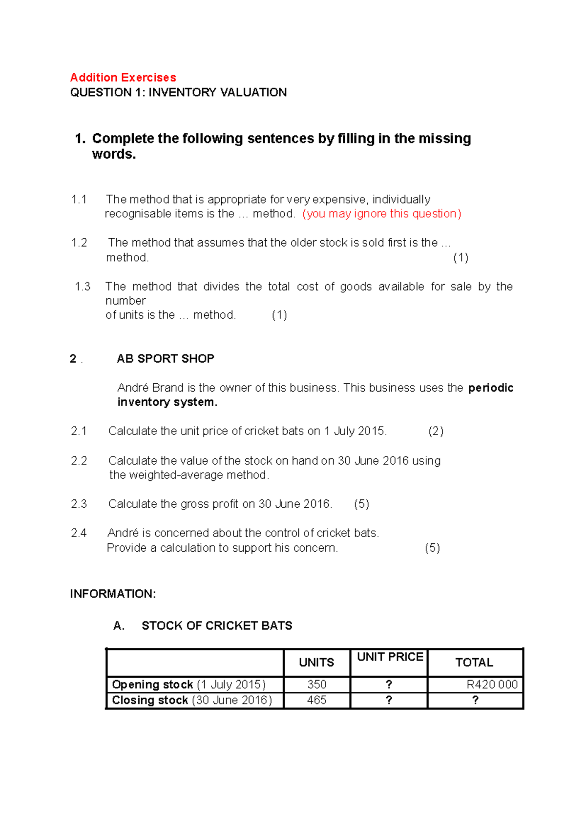Inventory Additional exercises 1 20 - Addition Exercises QUESTION 1 ...