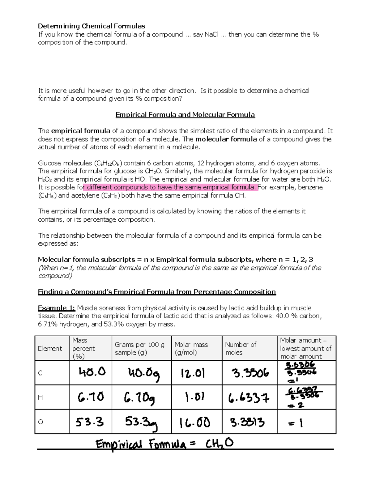 Unit 3 Molecular and Empirical Formula - Determining Chemical Formulas ...