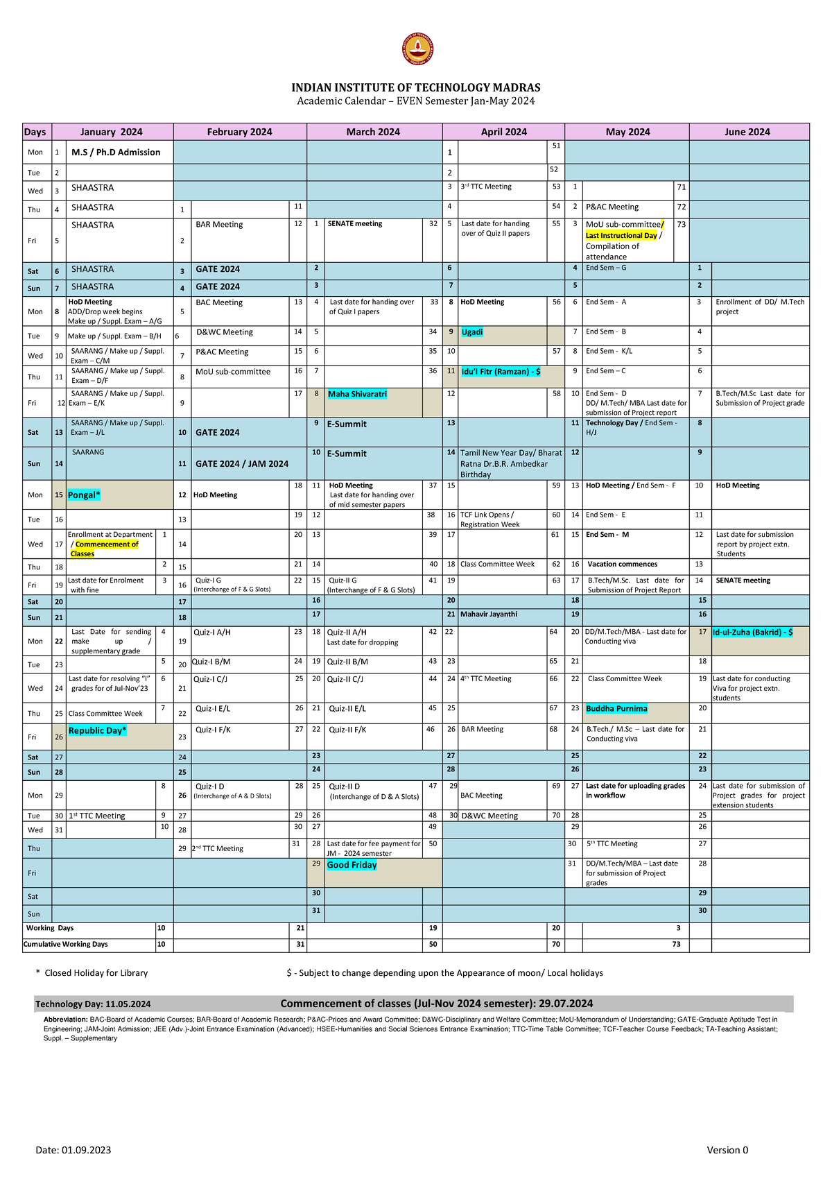 Courses Downloads Academic Calendar Jan-May 2024 - Date: 01.09 Version ...
