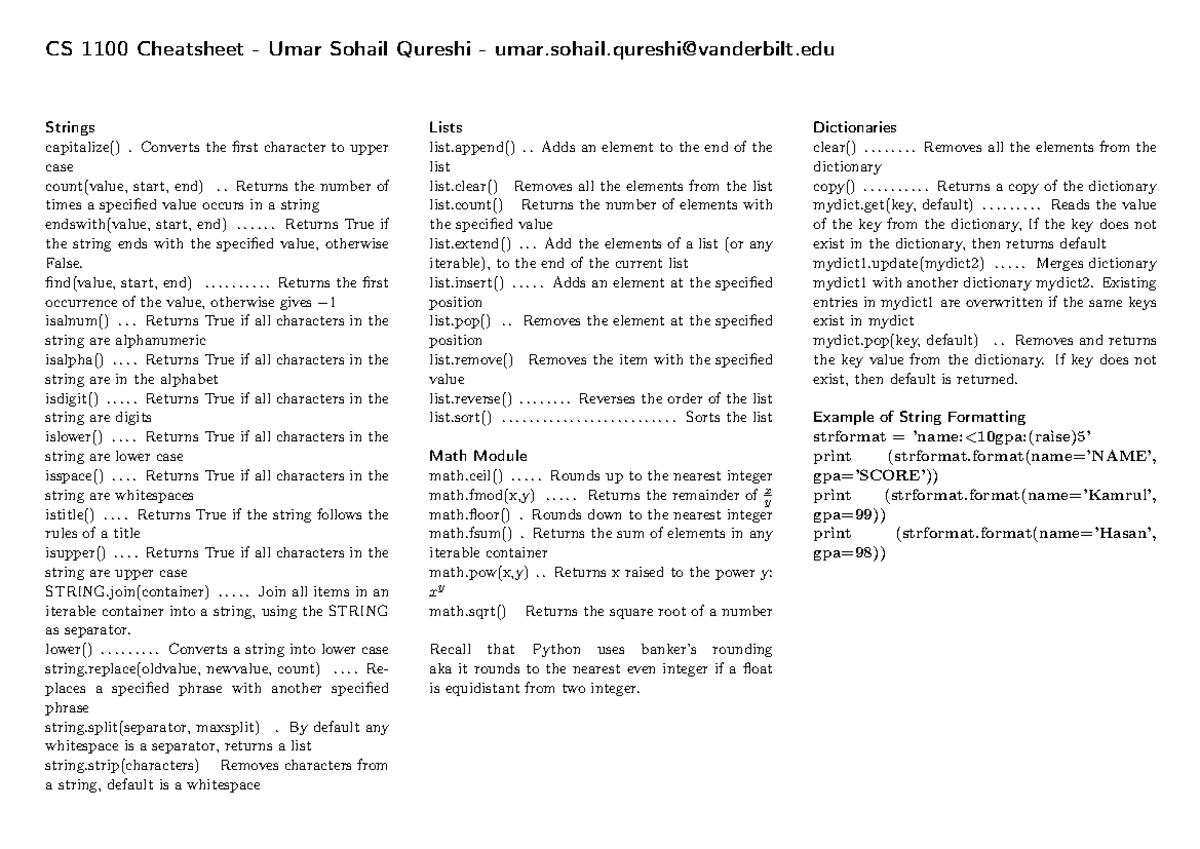 Python Cheatsheet - CS 1100 Cheatsheet - Umar Sohail Qureshi - umar.sohail@vanderbilt Strings ...