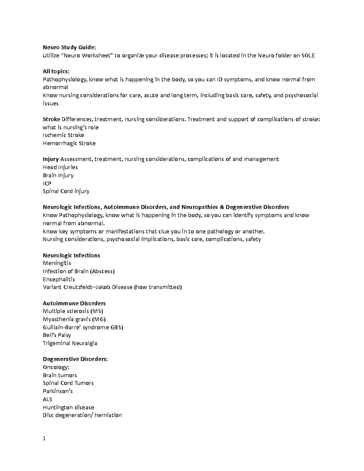 312 Neuro Study Guide 1 fall 2023 - Neuro Study Guide: Utilize “Neuro ...