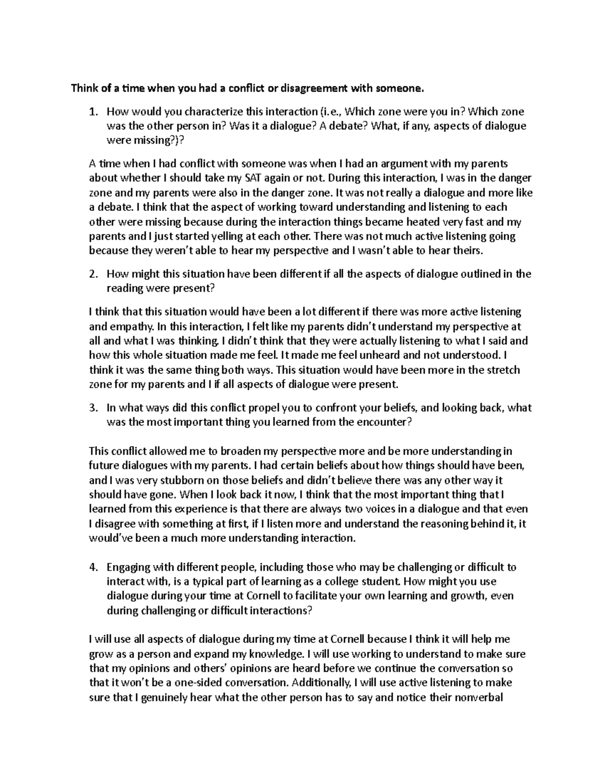 Cornell Dialogue Reflection - Think of a time when you had a conflict ...