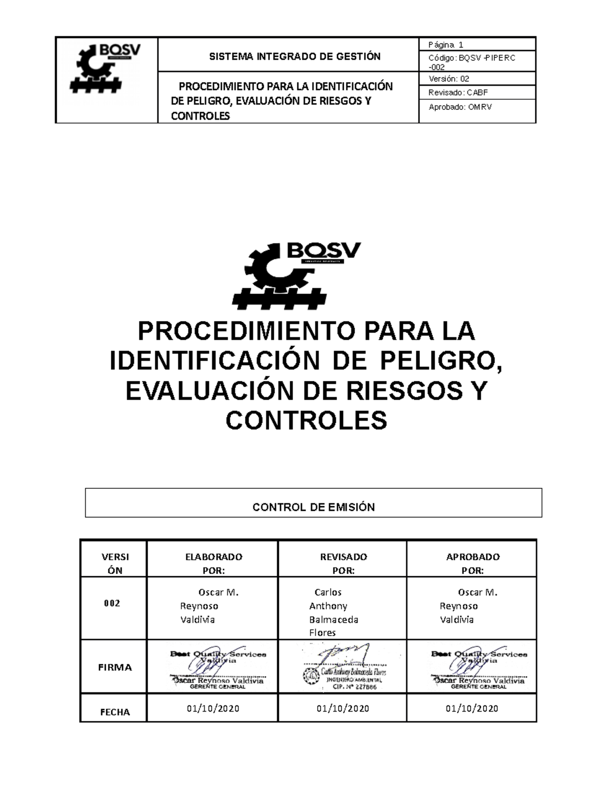 61 Procedimiento y Metodologia para desarrollo de IPER BQSV - SISTEMA INTEGRADO DE GESTIÓN ...