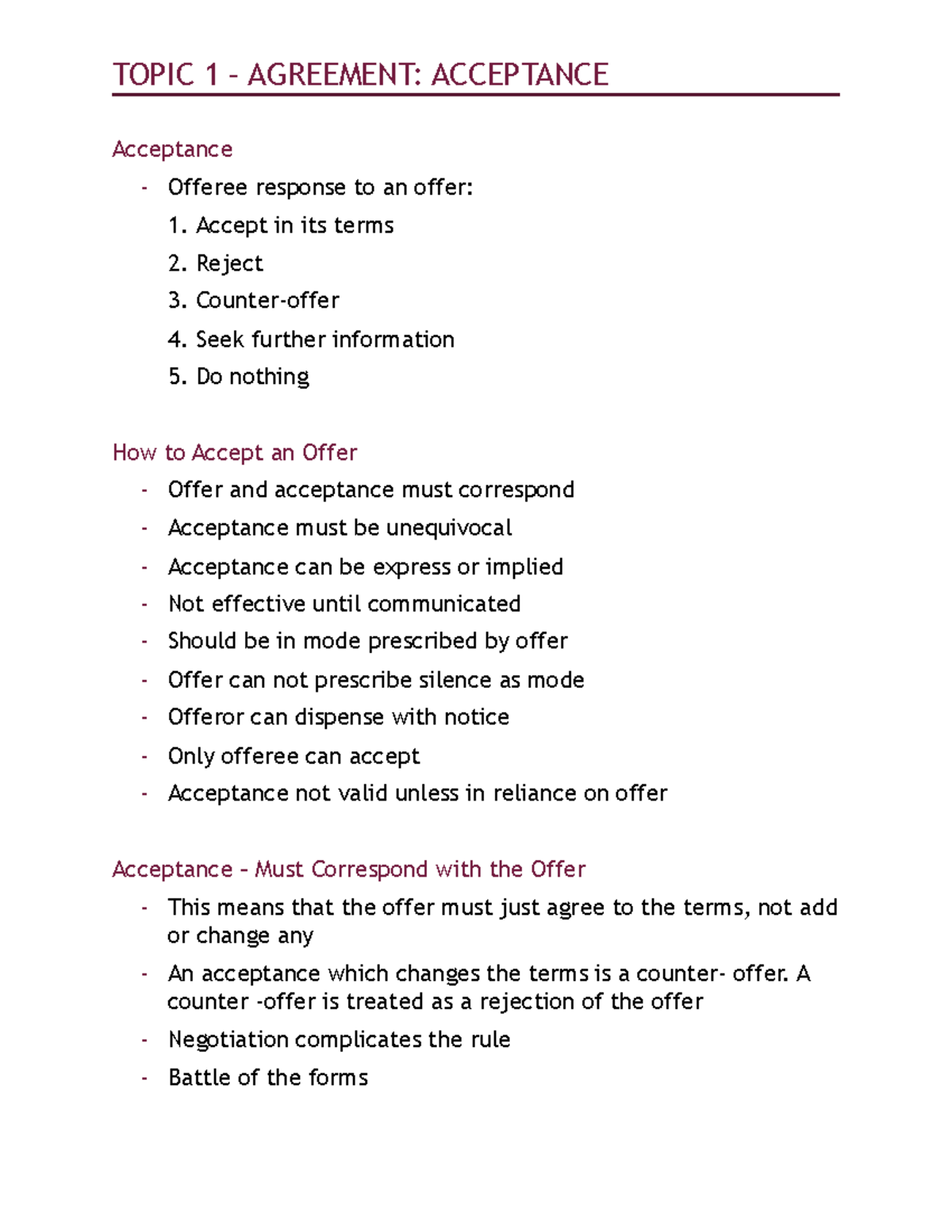 Topic 1 - Acceptance notes - TOPIC 1 – AGREEMENT: ACCEPTANCE Acceptance ...