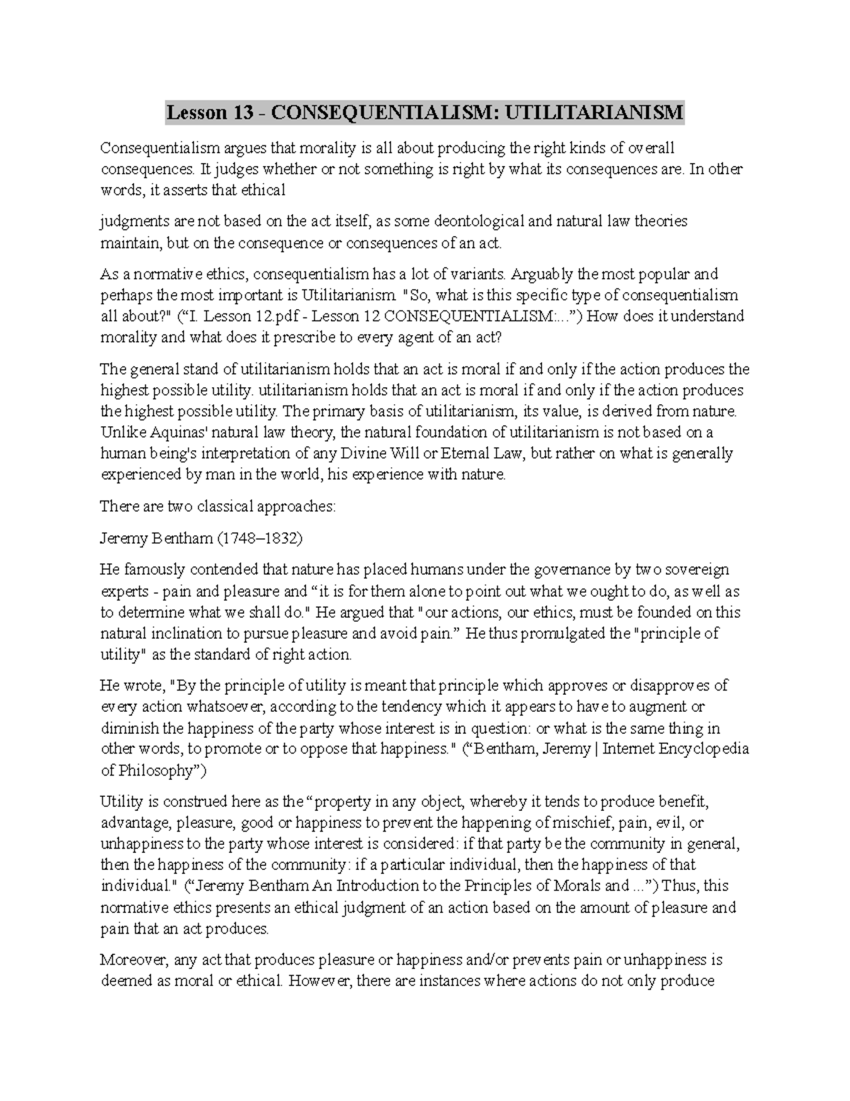 Ethics Lecture Notes 10 (PHILO031) - Lesson 13 - CONSEQUENTIALISM ...