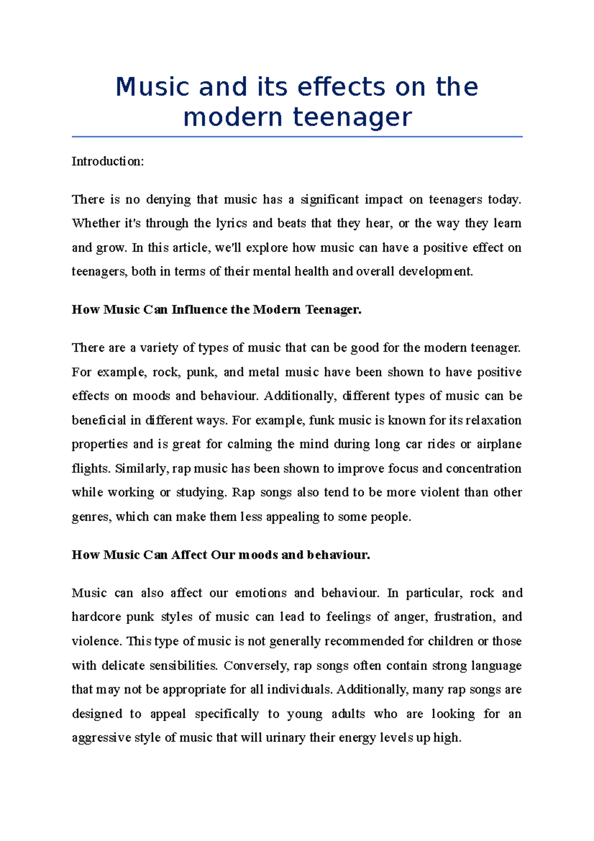 Music and its effects on the modern teenager - Music and its effects on ...