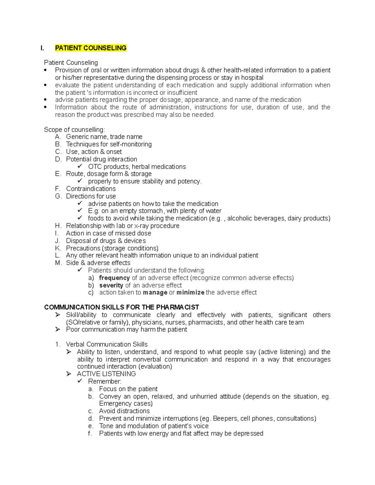 Patient Counseling - Informative Outline - I. PATIENT COUNSELING ...