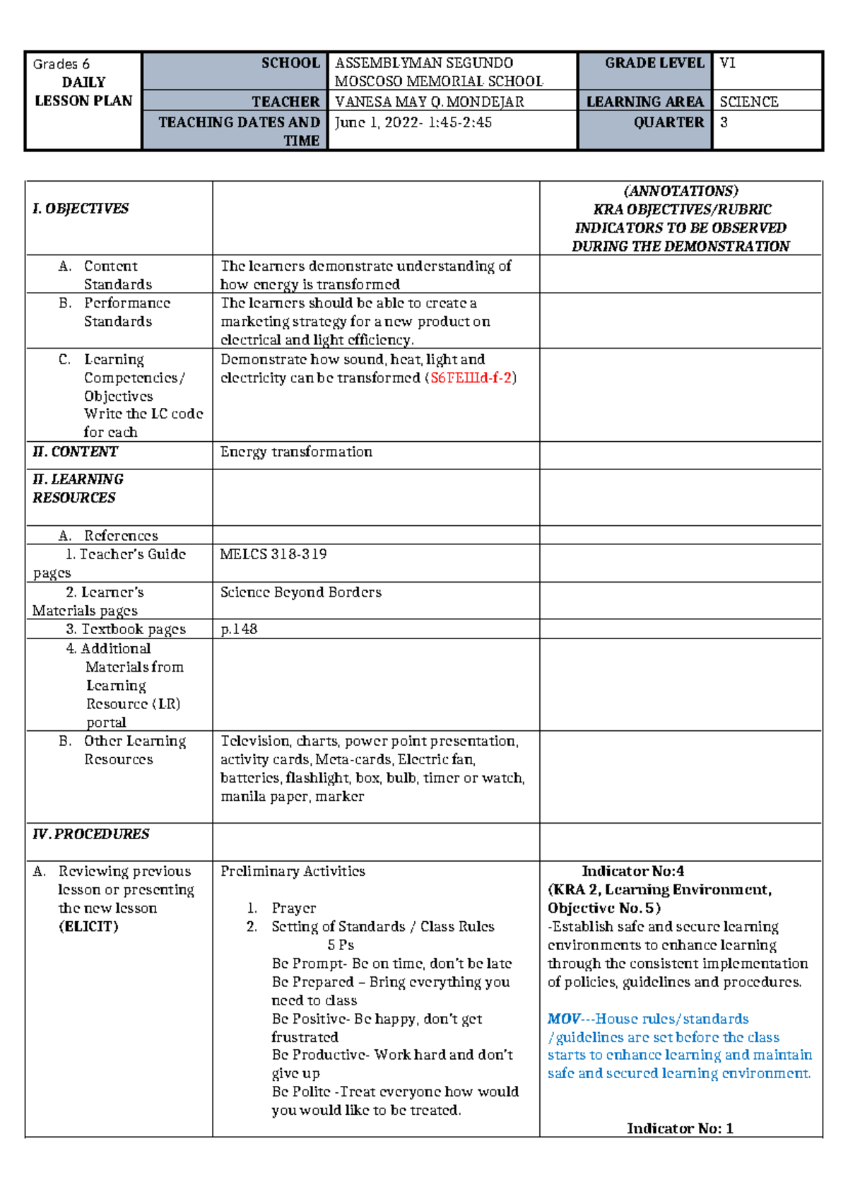 COT FOR Teacher 1-3 Sample WITH Annotations - Grades 6 DAILY LESSON ...