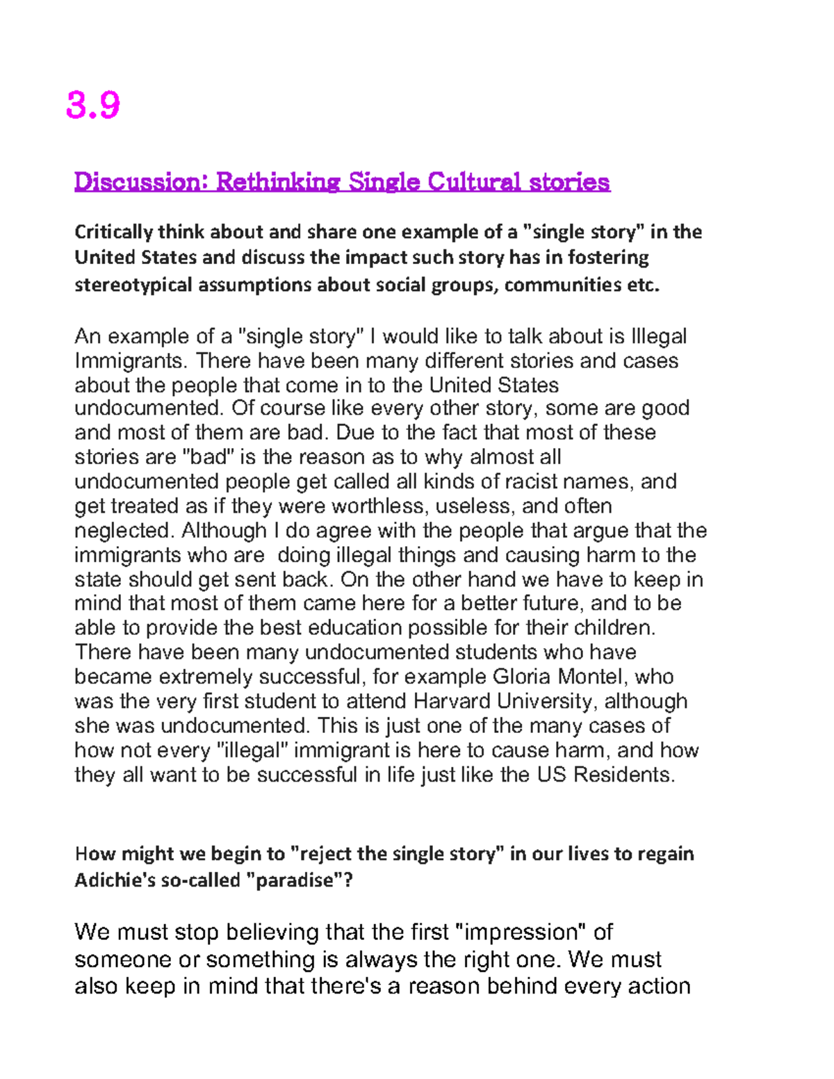 3.9 soc - sociology - Discussion: Rethinking Single Cultural stories ...