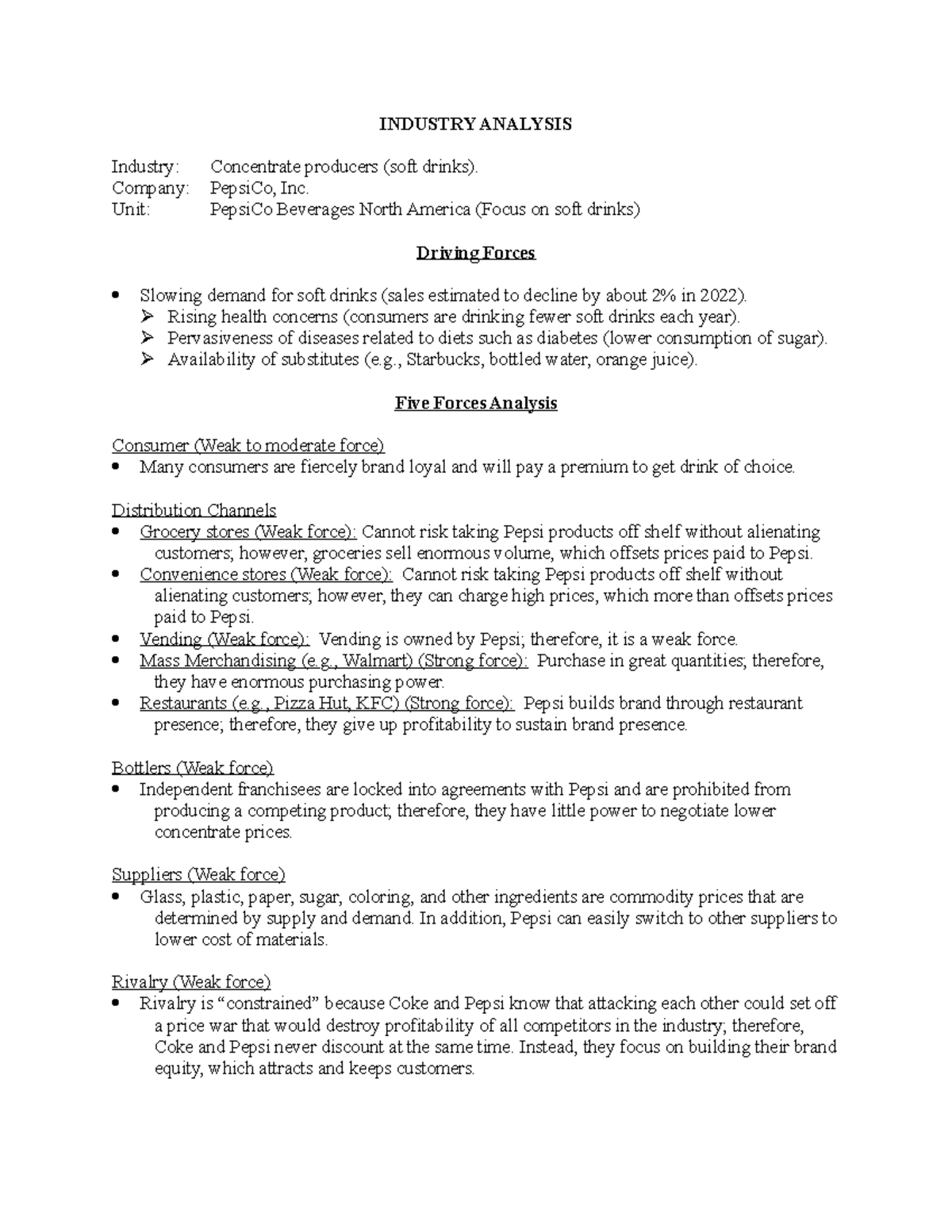 Industry Analysis - Example - INDUSTRY ANALYSIS Industry: Concentrate ...