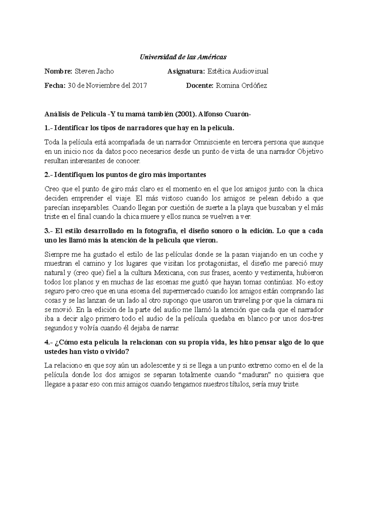 Análisis Película Latinoamericana "Y tu mamá también" - Universidad de ...