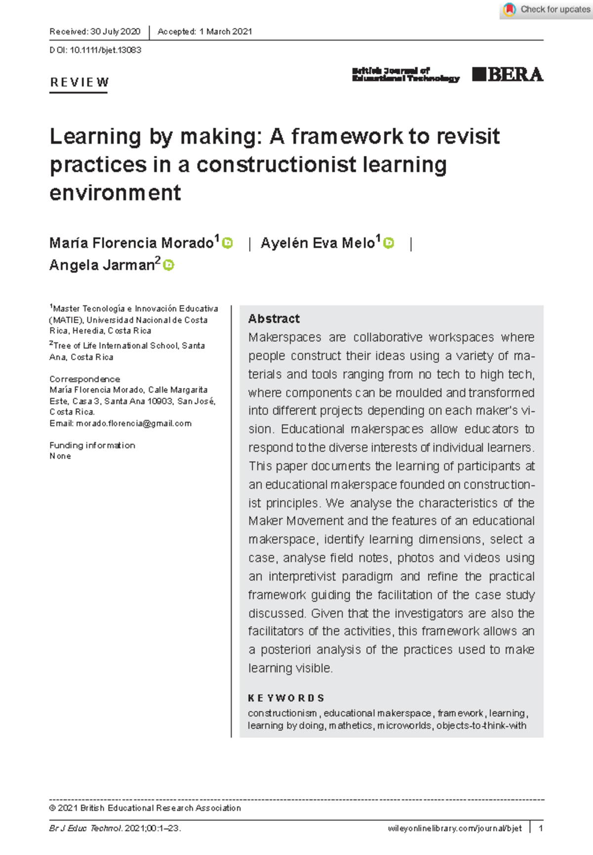 Morado, Melo, Jarman. Making learning visible in makerspaces. 2021. bjet.13083 - Br J Educ ...