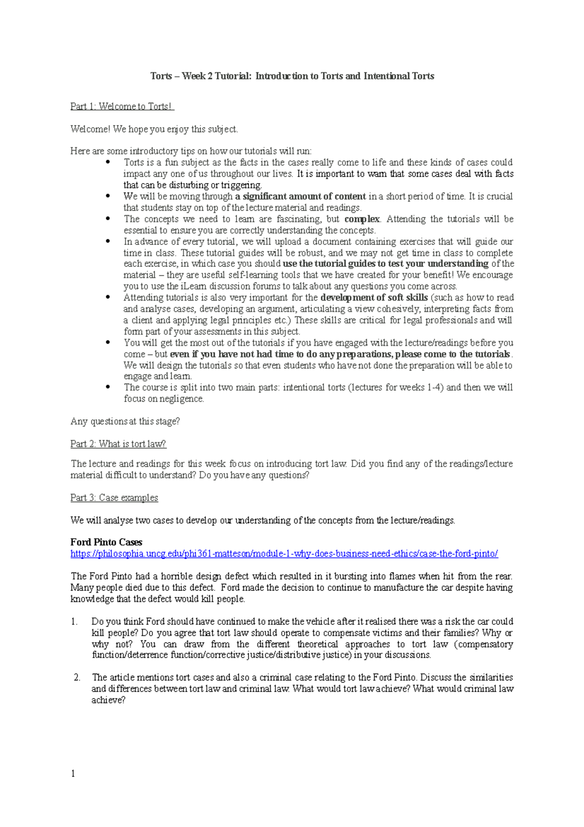 Week 2 tutorial - Torts – Week 2 Tutorial: Introduction to Torts and Intentional Torts Part 1 ...