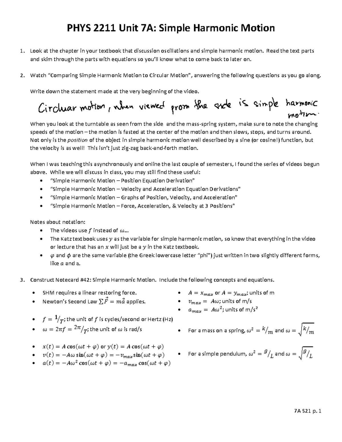 Unit 7A - Simple Harmonic Motion - PHYS 2211 Unit 7A: Simple Harmonic ...