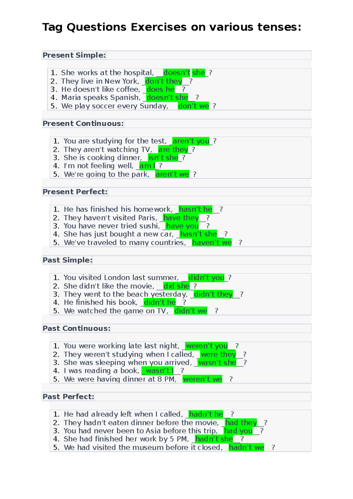 Exercies - Tag questions all tenses - Tag Questions Exercises on ...