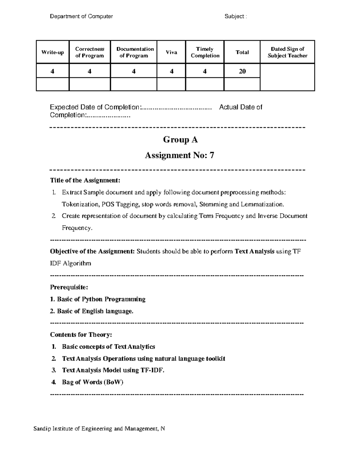 ASS 7 - assa - Engineering DSBDAL Write-up Correctness of Program Documentation of Program Viva ...