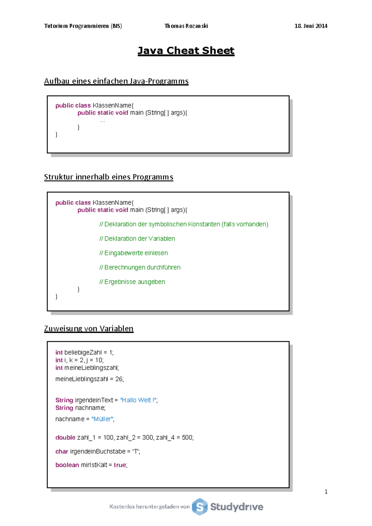 Java Cheatsheet Zusammmenfassung - Java Cheat Sheet Aufbau eines ...