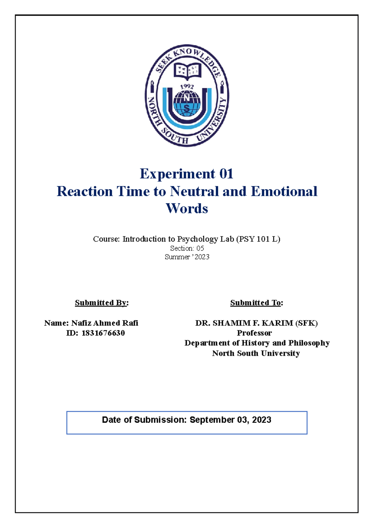 Lab Report 1 NAR - Experiment 01 Reaction Time to Neutral and Emotional ...