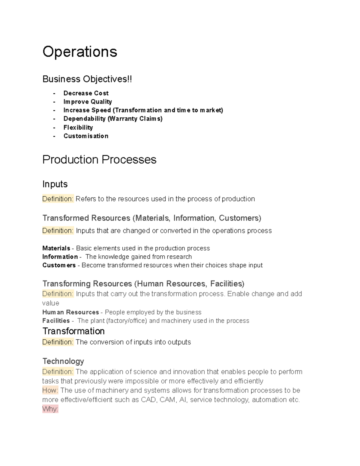 Business Studies | Management Process - Operations Business Objectives ...