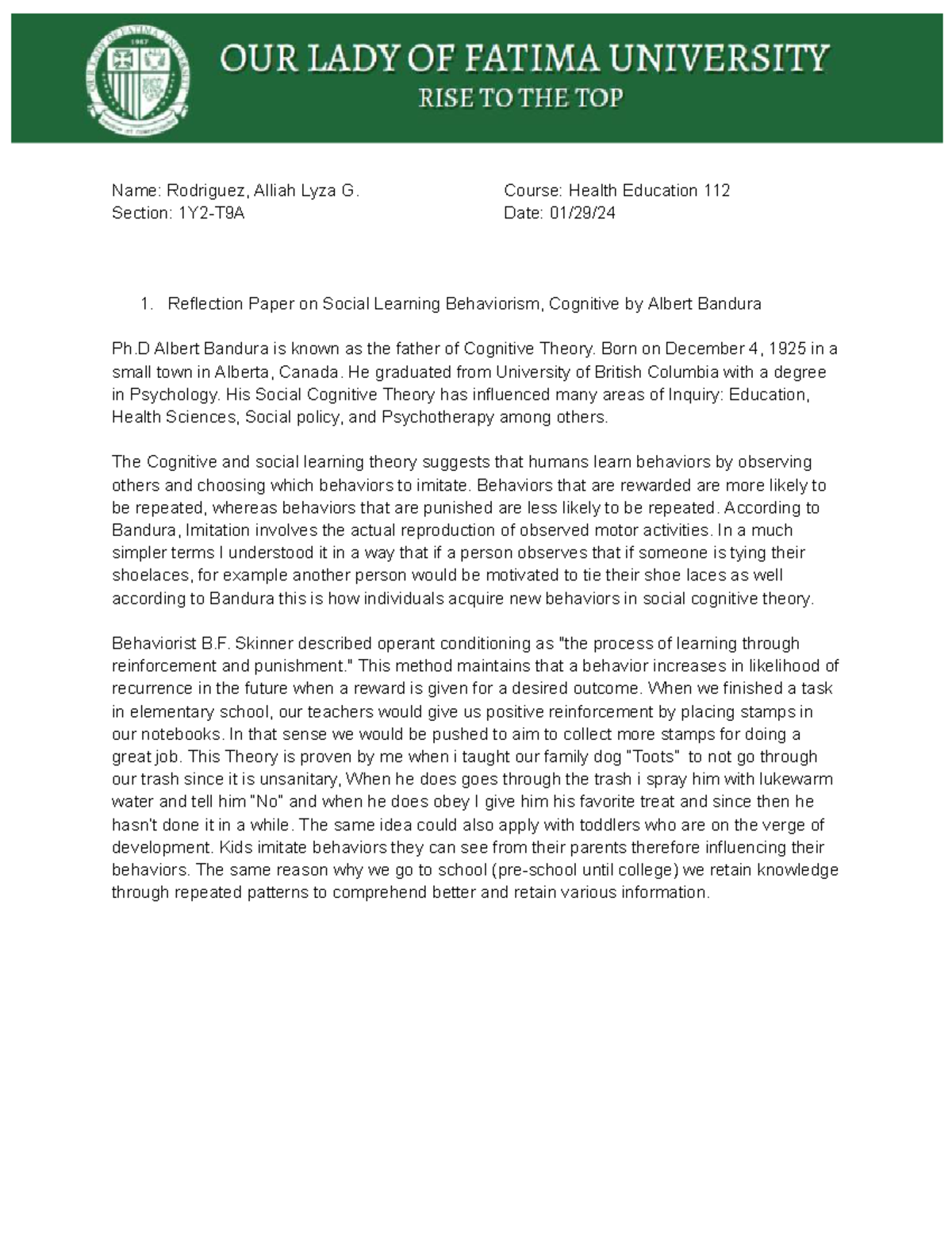 Health Education 112 Reflection Paper 1st Act - Name: Rodriguez, Alliah ...