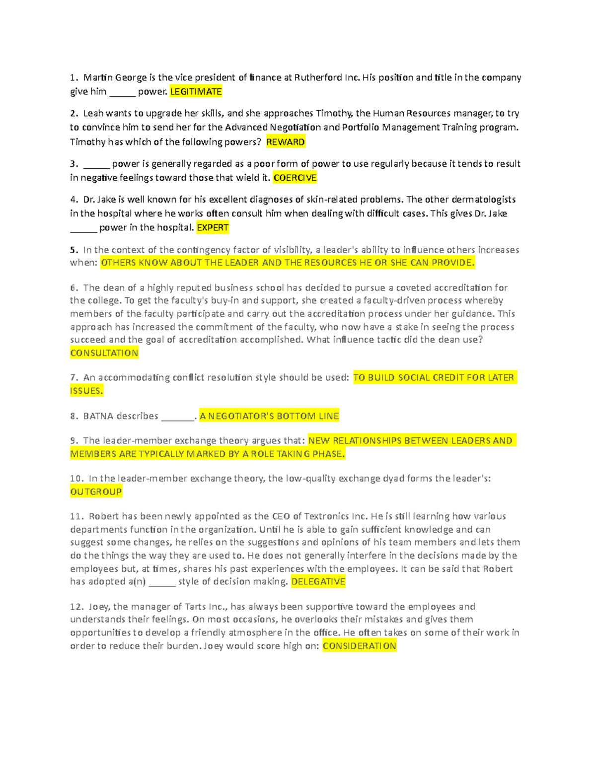 MGS 3400 Sample Questions for Exam 4 - Martin George is the vice ...